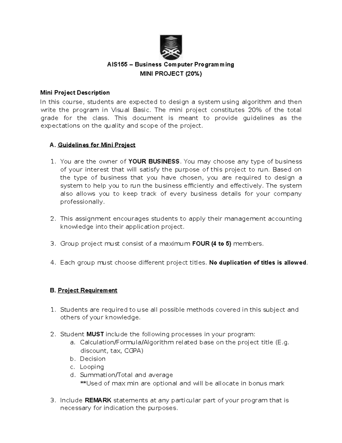 AIS155 Business Computer Programming Mini Project Guidelines - Studocu