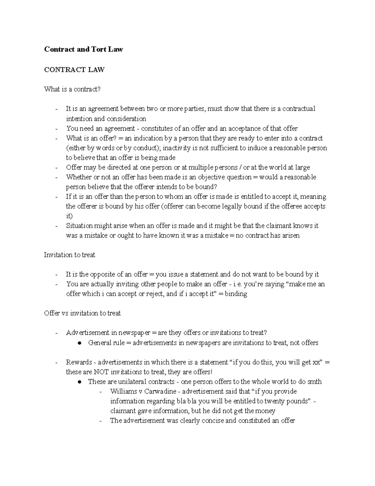Contract Law Overview: Key Concepts and Cases - W5 - Studocu