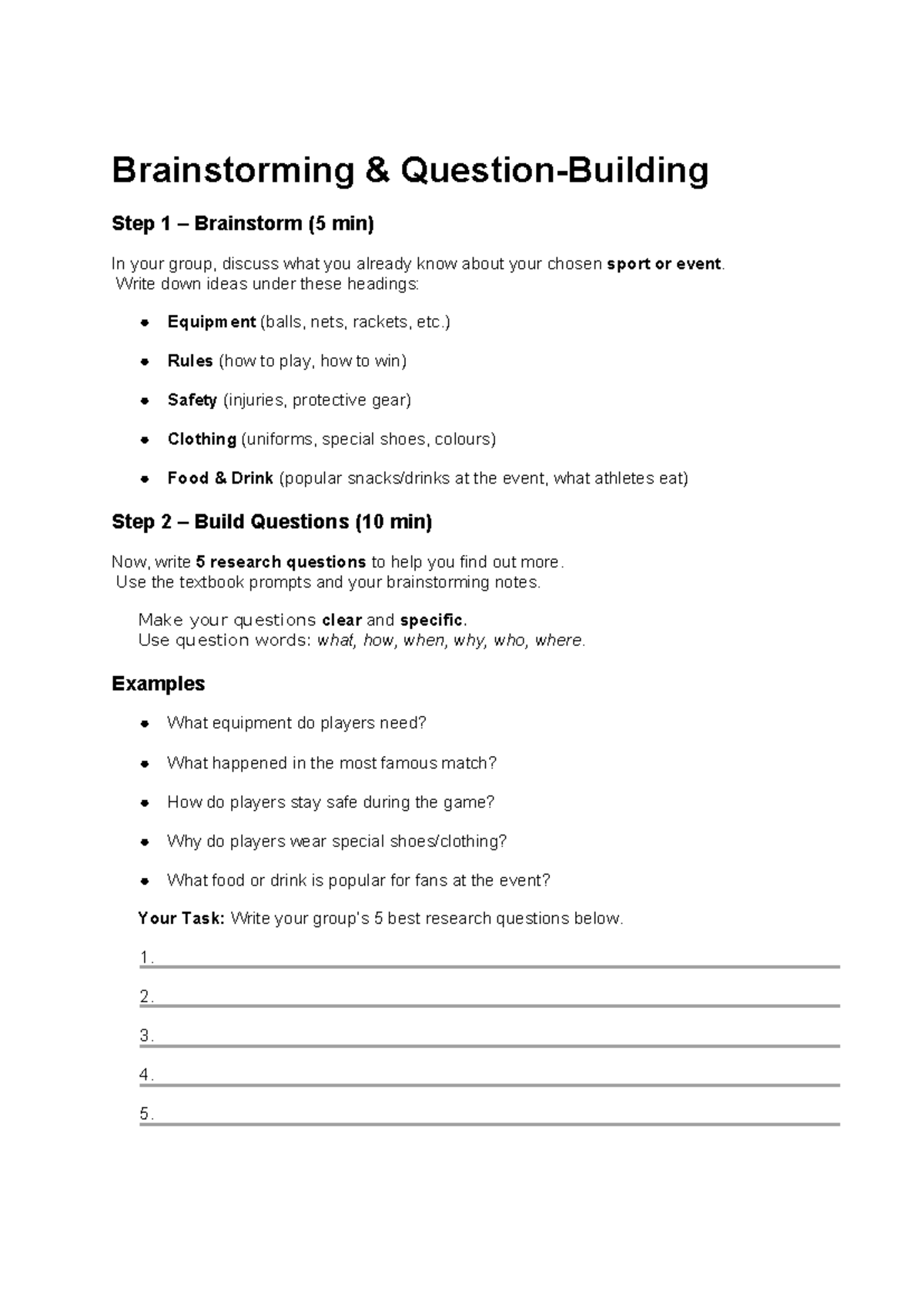 Stage 6 Week 6 Handout 2: Brainstorming for Sports Research Questions ...