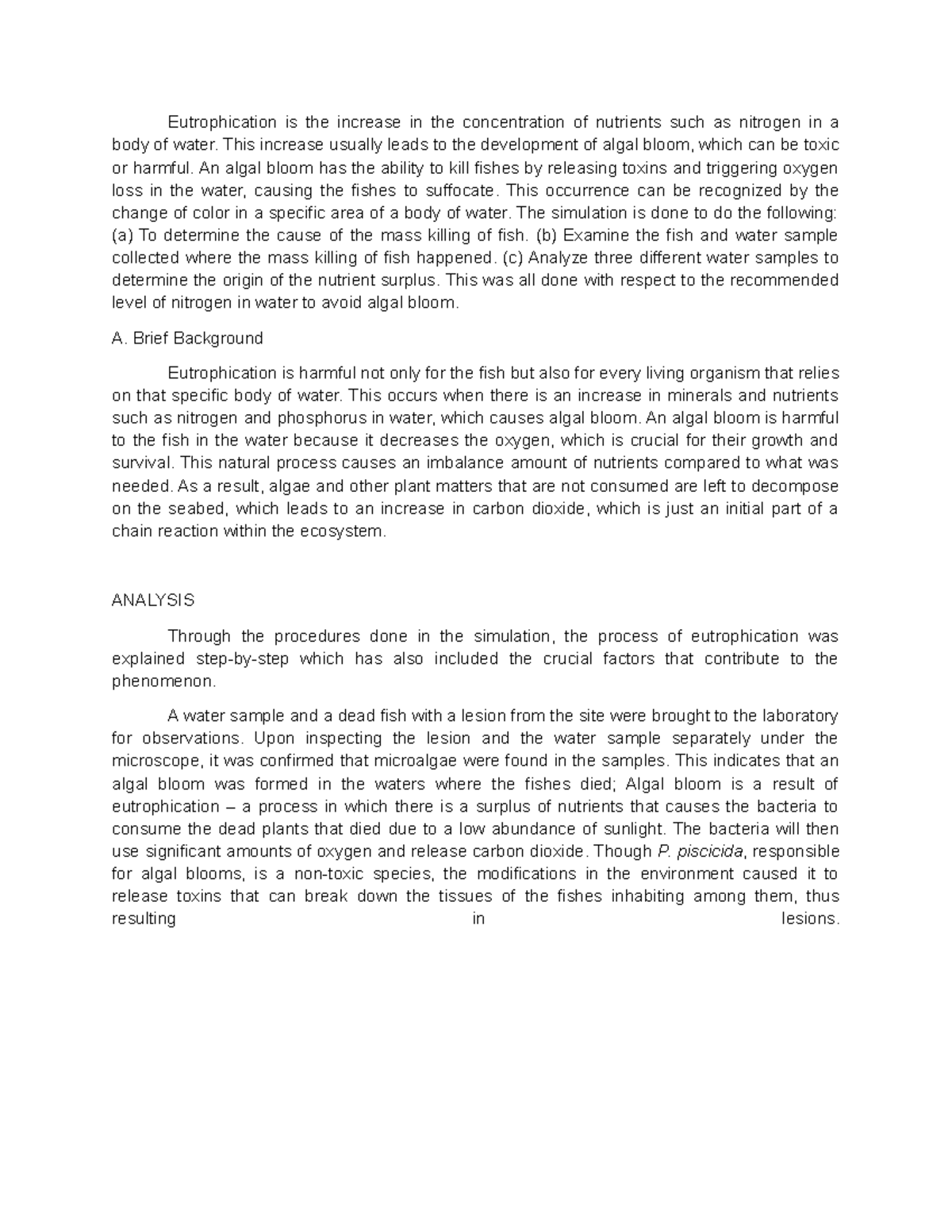 Eutrophication - Lab Report on the Causes and Effects (ENV 101) - Studocu