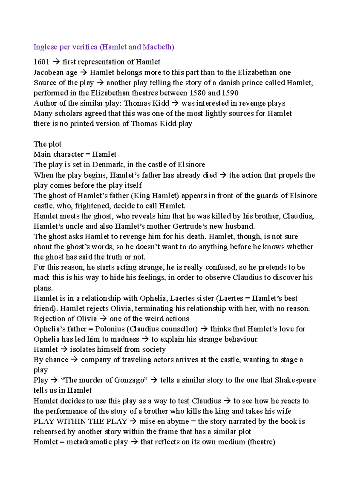 Hamlet Plot Overview - Trama Amleto for English Exam (ENG101) - Studocu