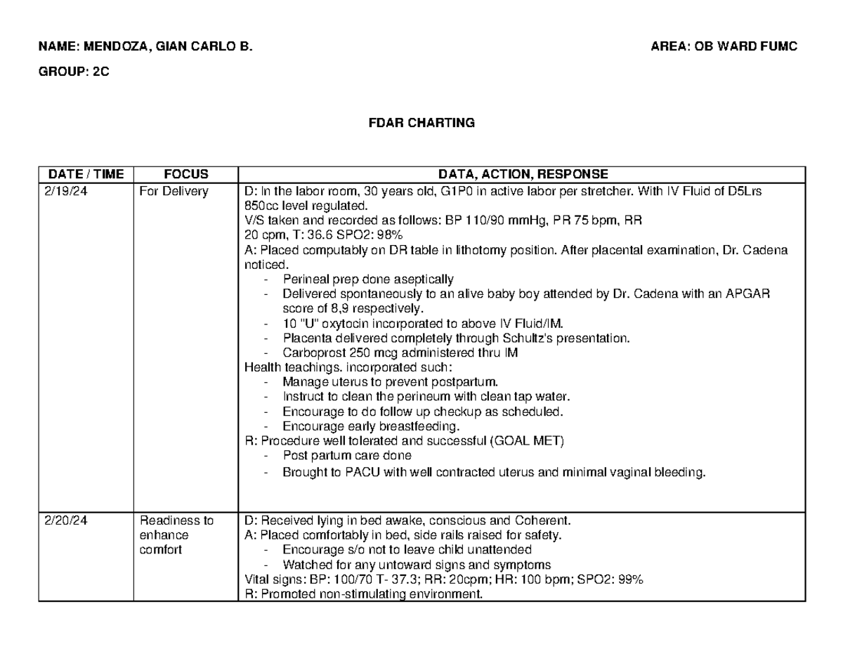 FDAR Charting for Labor and Postpartum Care - OB Ward FUMC - Studocu