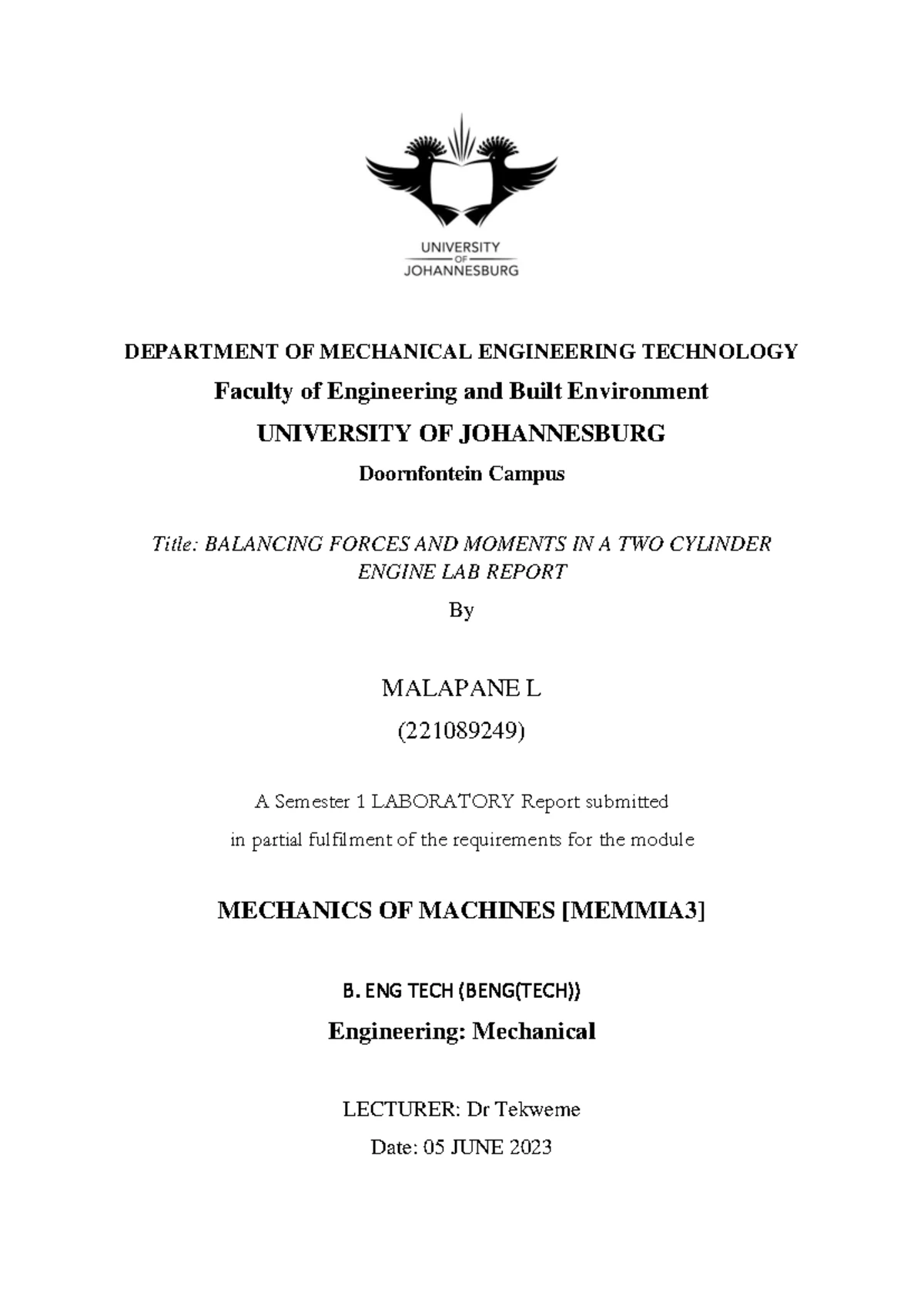 Lab 3: Balancing Forces in a Two Cylinder Engine Experiment - Studocu