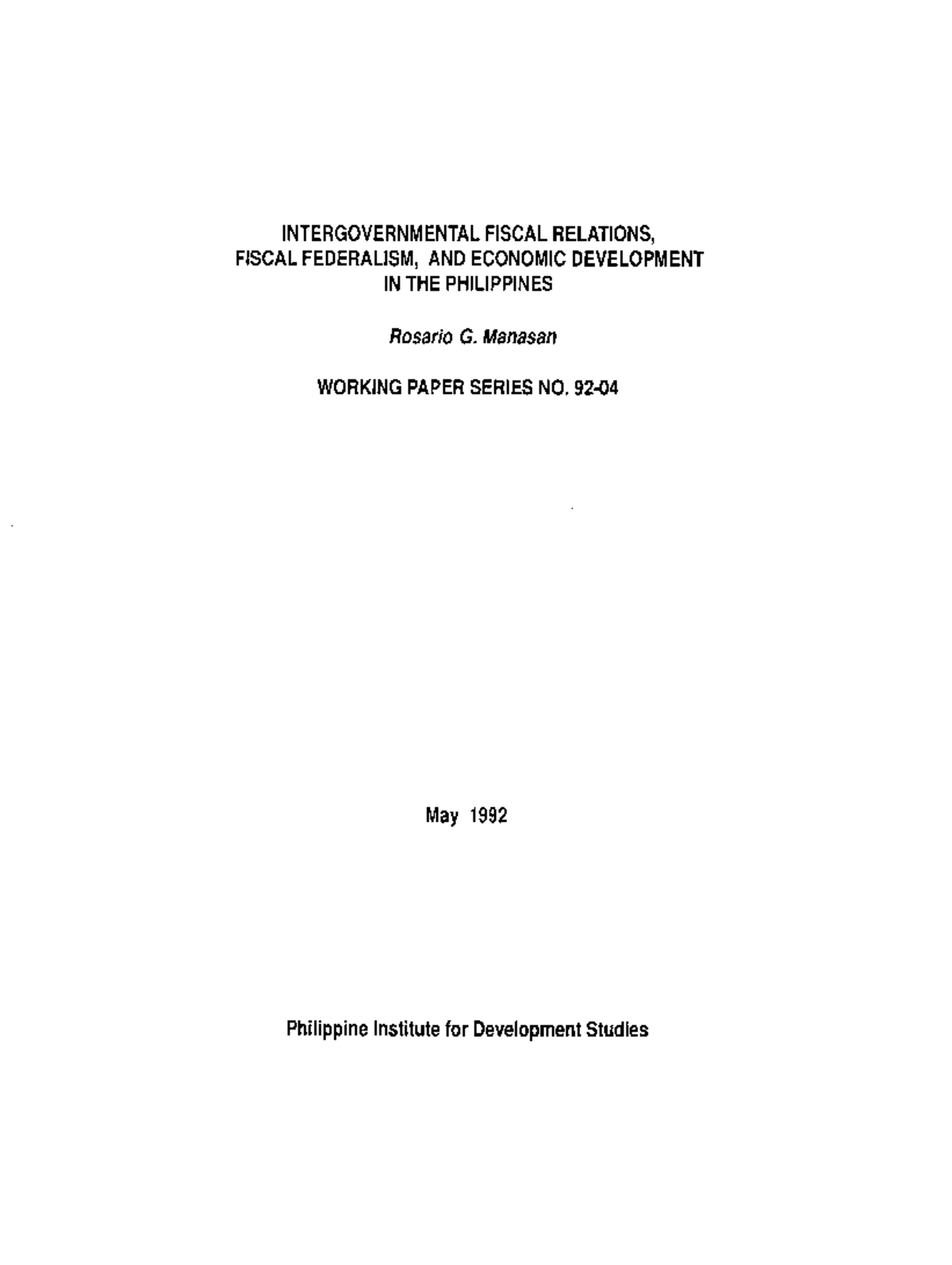 Intergovernmental Fiscal Relations and Economic Development in the ...