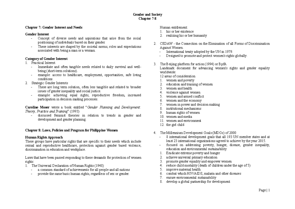Gensoc Chapter 7-8: Gender Interests, Needs, and Rights - Studocu
