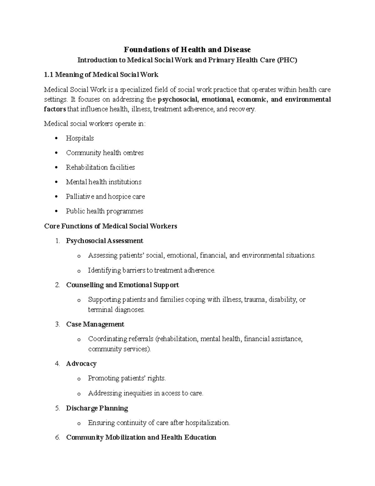 Foundations of Health and Disease: Intro to Medical Social Work (PHC ...