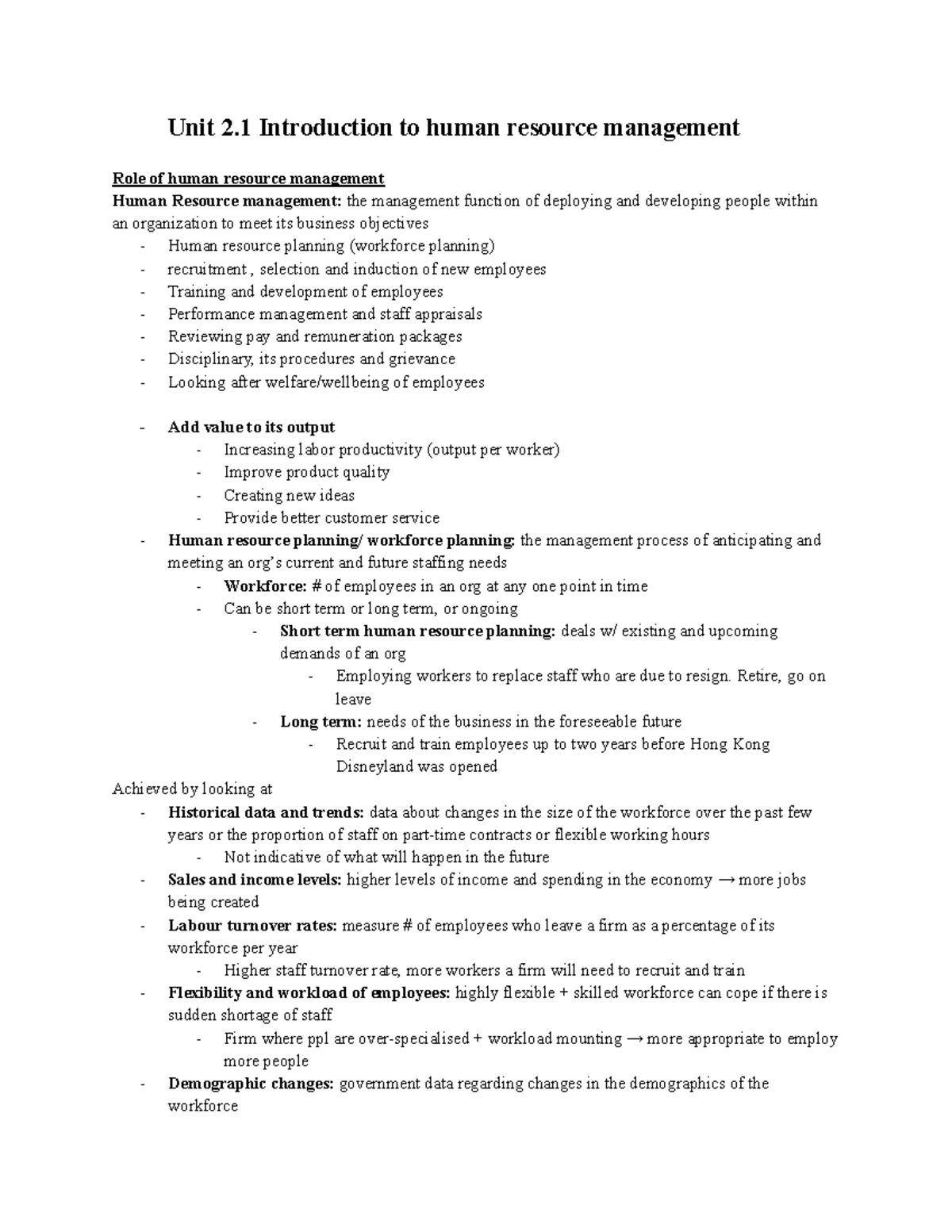 IB Business 2.1 + 2.2 + 2.3 - Unit 2 Introduction to human resource ...