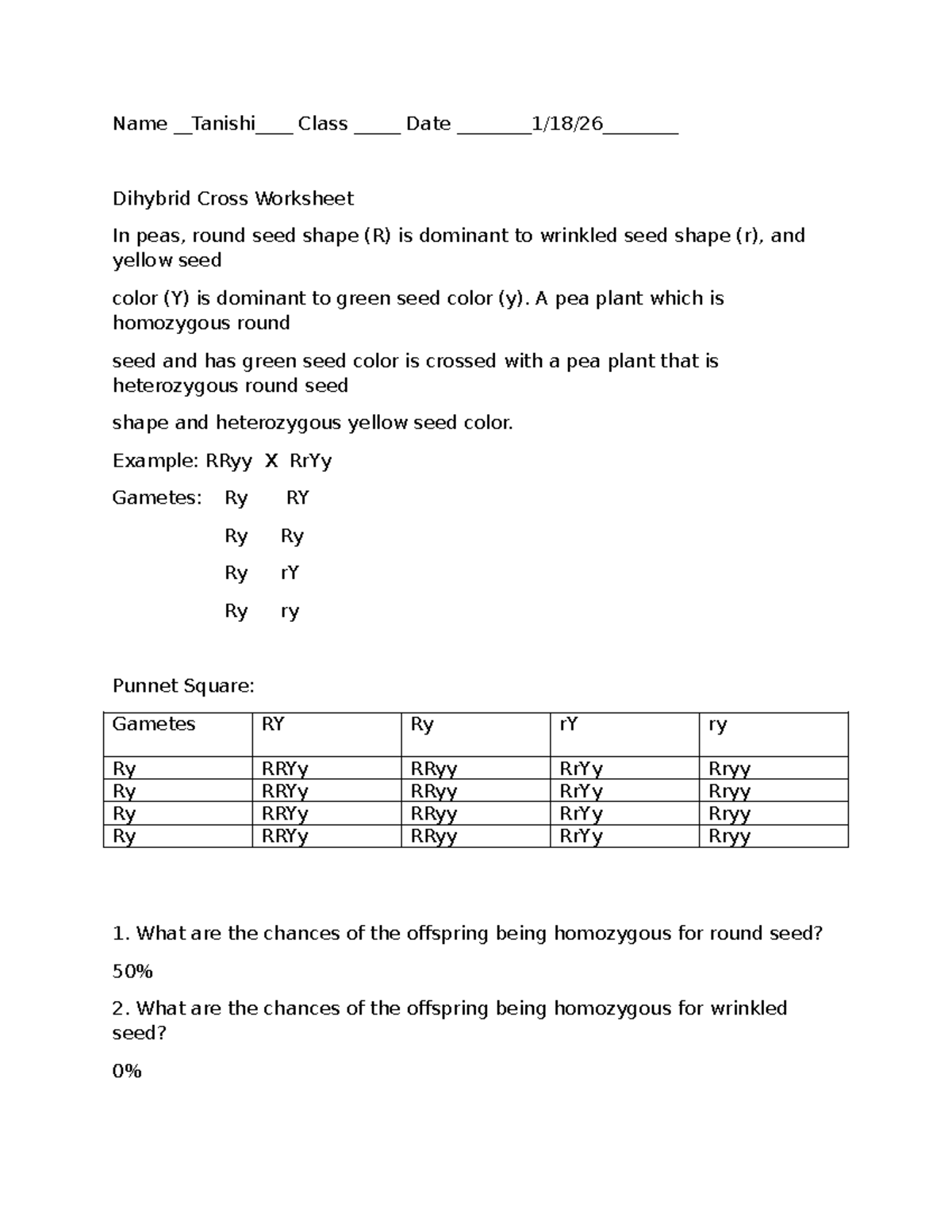 Bio Dihybrid Cross Worksheet: Genetics & Punnett Squares - Studocu