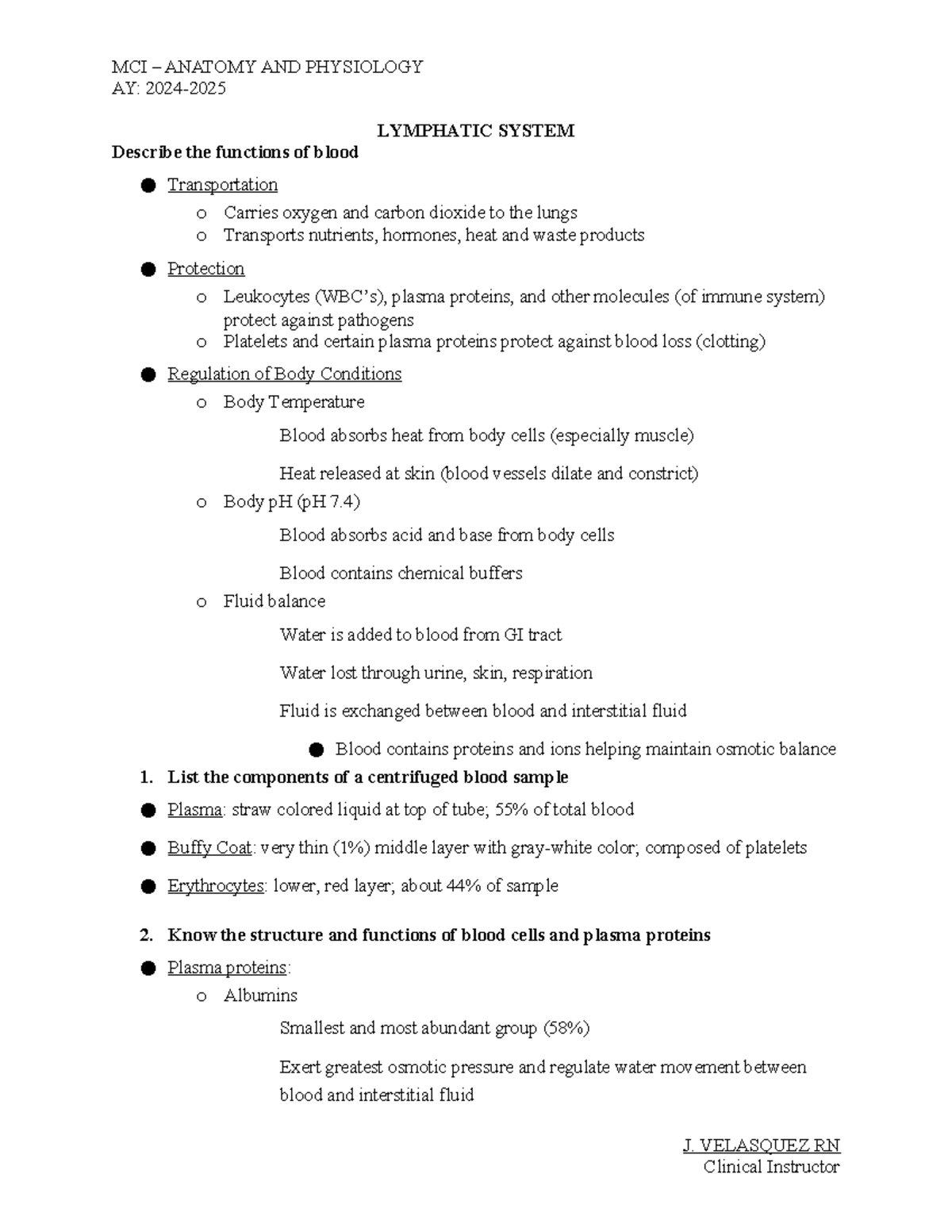 MCI ANATOMY AND PHYSIOLOGY AY: Functions and Components of the ...