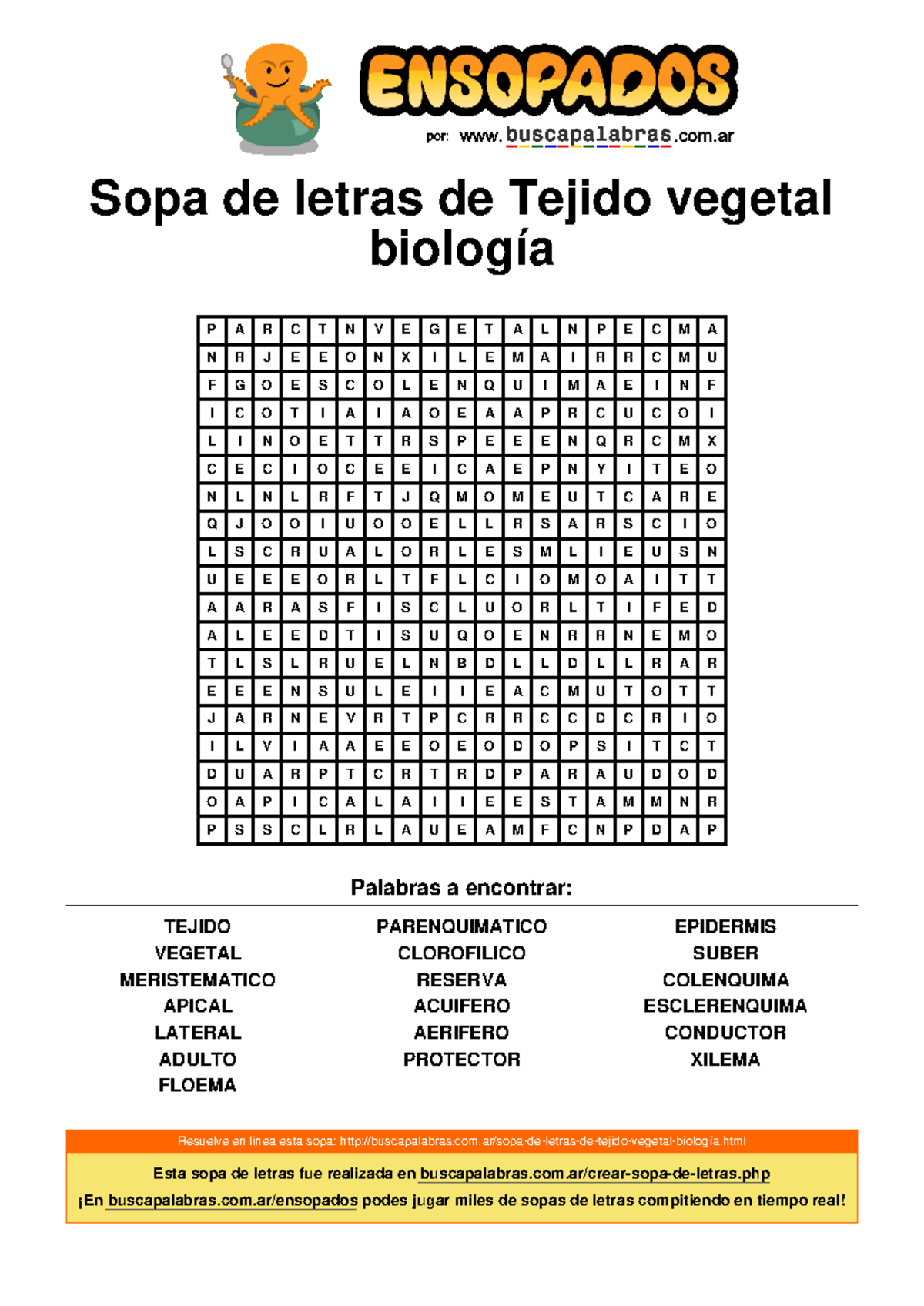 Sopa de letras de tejido vegetal biología - Sopa de letras de Tejido ...