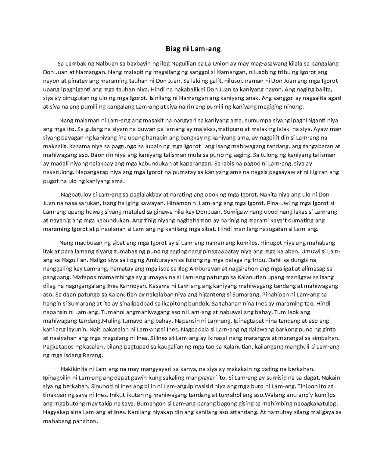 Biag ni Lam-ang - BIAG NI LAMANG ACTIVITY SHEET Summary and Analysis ...