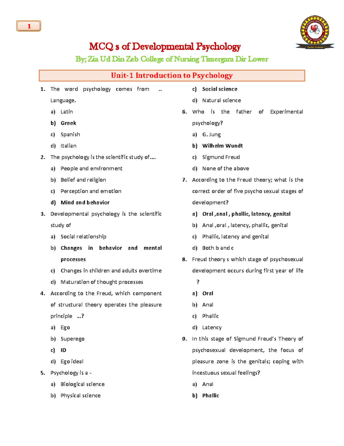 Comprehensive MCQs for Developmental Psychology (Psych 101) - Studocu