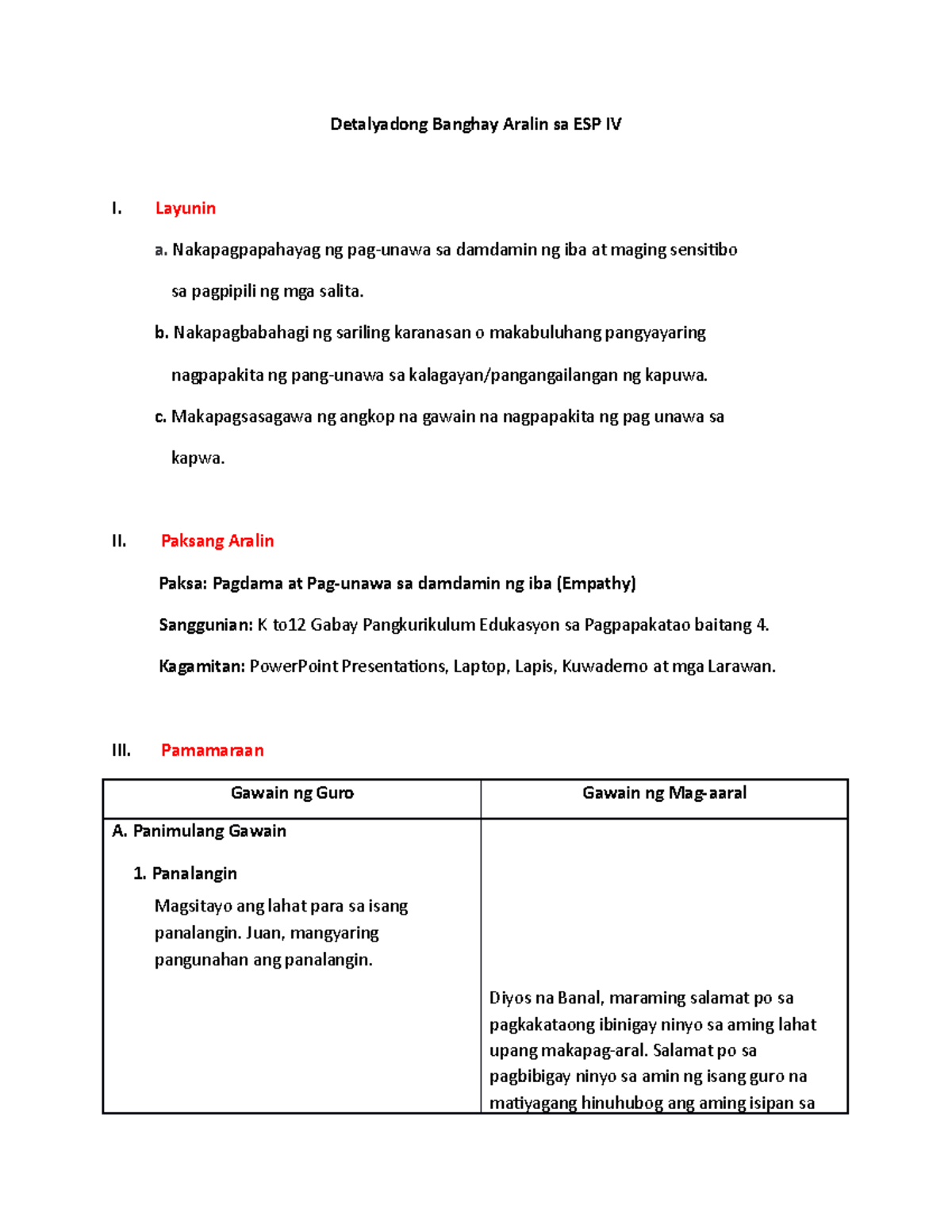 Lesson Plan sa Values Education (ESP IV): Empathy at Pag-unawa sa ...
