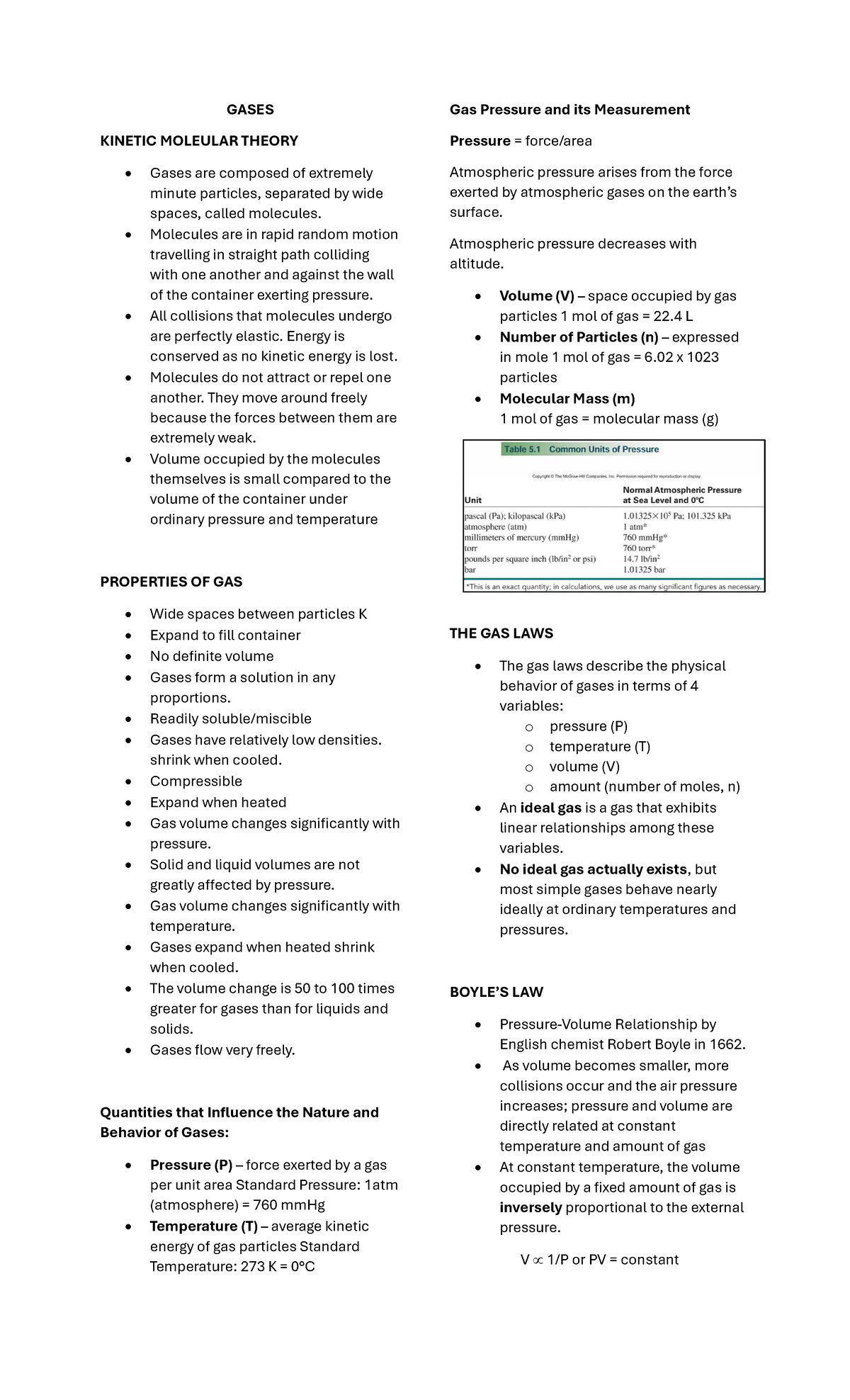 InorgChem - Gases Kinetic Molecular Theory & Gas Laws Overview - Studocu