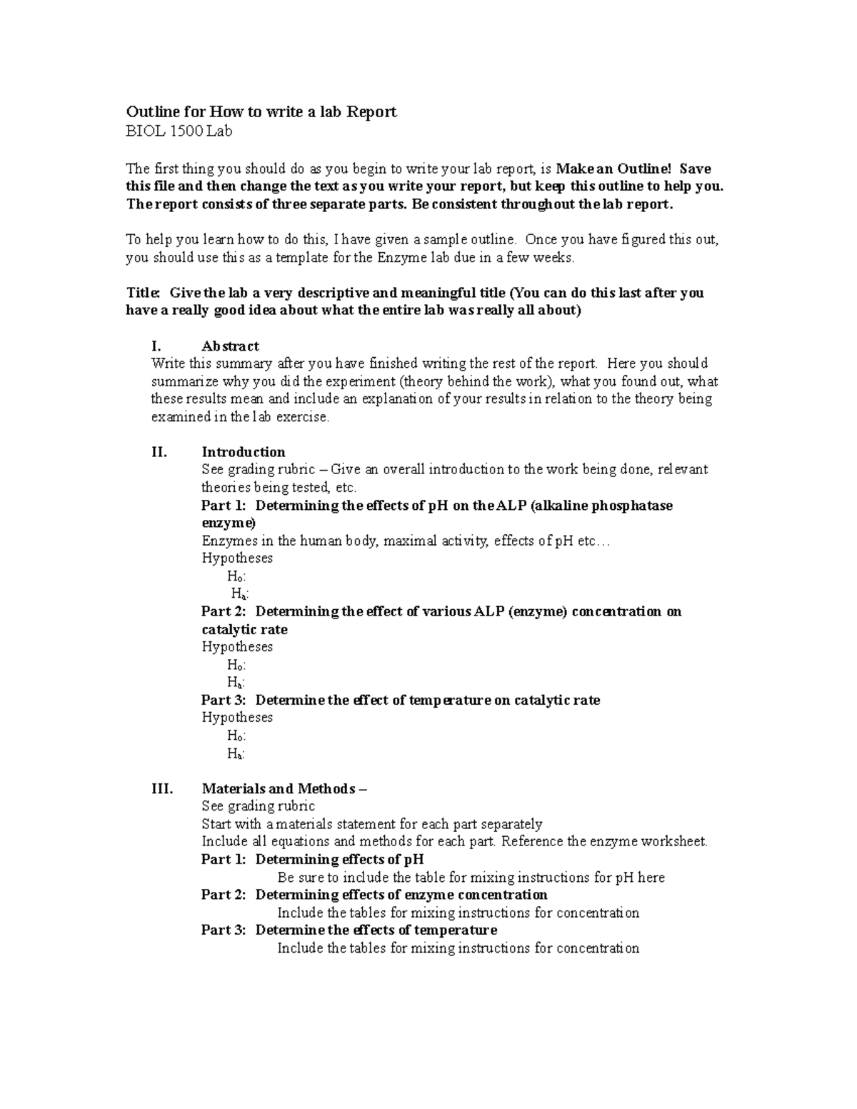 BIOL 1500 - Enzyme Lab Report Writing Guide and Outline - Studocu