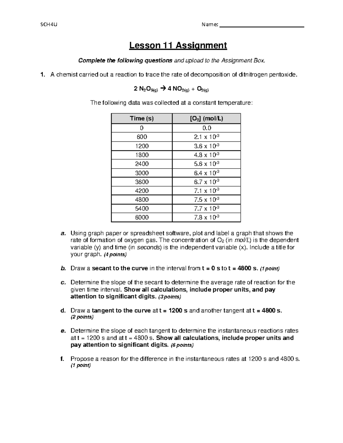 SCH4U Lesson 11 Assignment: Reaction Rate of N2O5 Decomposition - Studocu