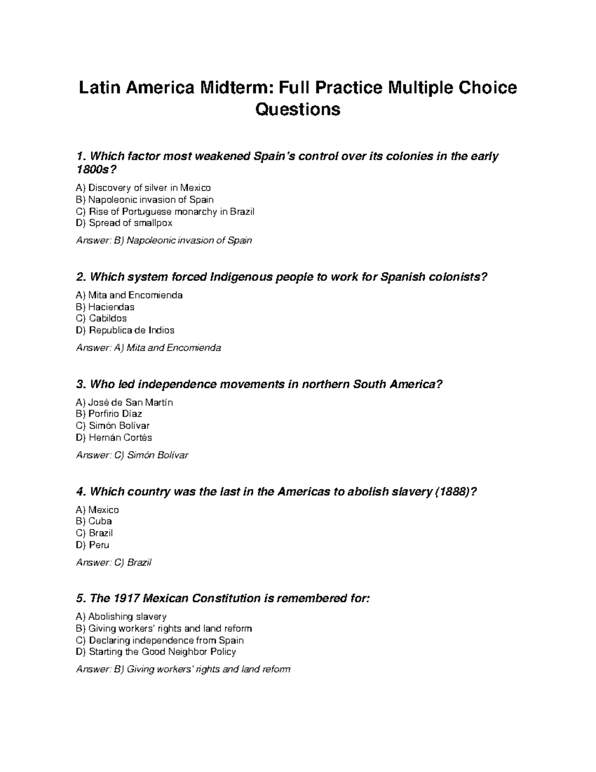 Latin America Midterm: Comprehensive Practice MCQs and Answers - Studocu