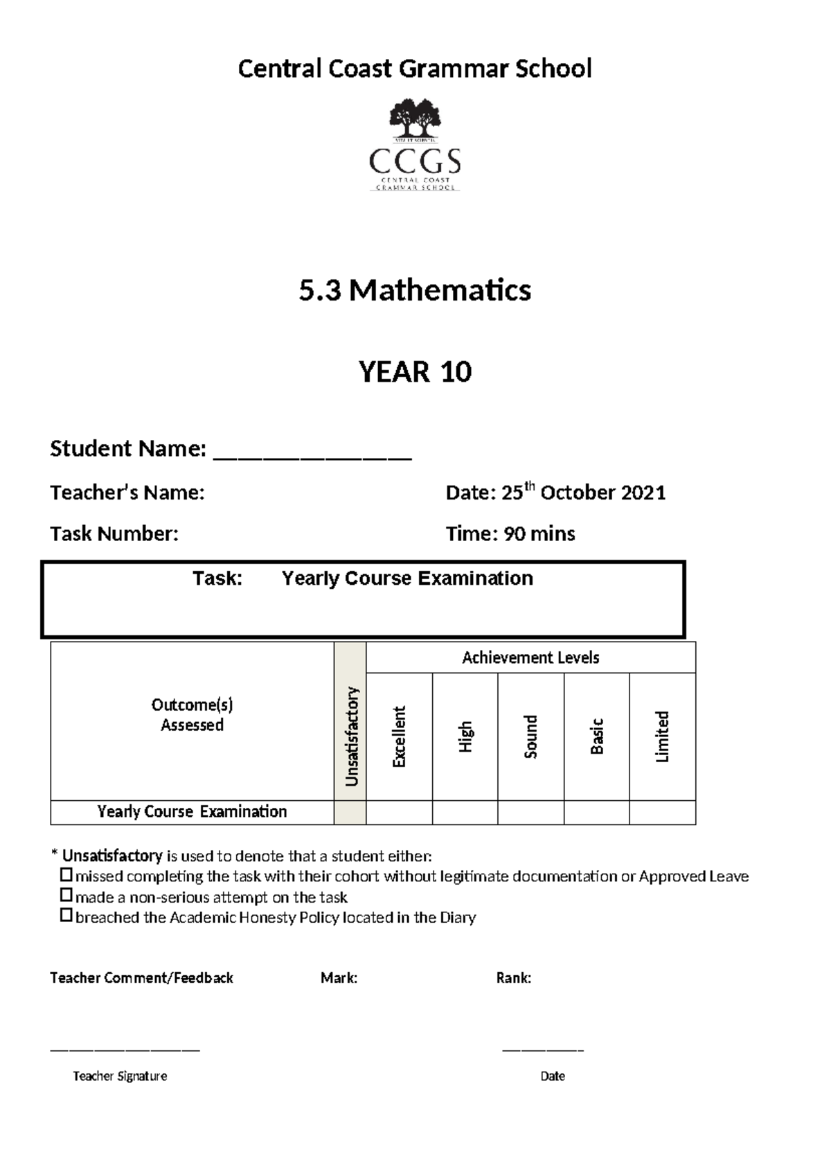 Year 10 Mathematics Yearly Exam 2021 - Central Coast Grammar School ...