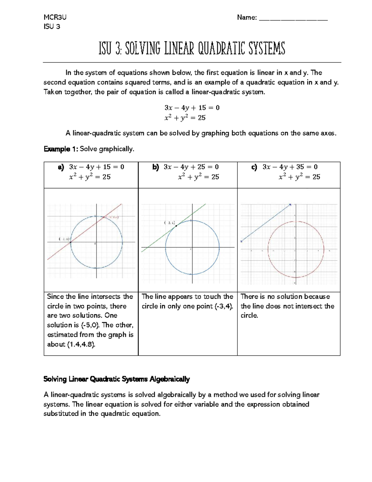 MCR3U ISU 3 - Solving Linear Quadratic Systmems Modified 2024 - ISU 3 ...
