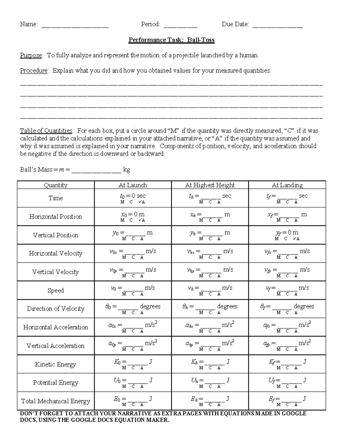 Performance Task: Projectile Motion Analysis - Ball Toss Report - Studocu