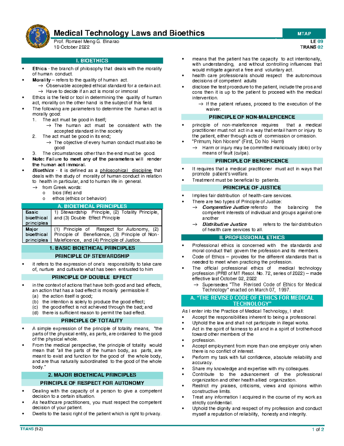 MTLB-9 - MTLB RA 5527 - Medical Technology Laws and Bioethics MTAP Prof ...