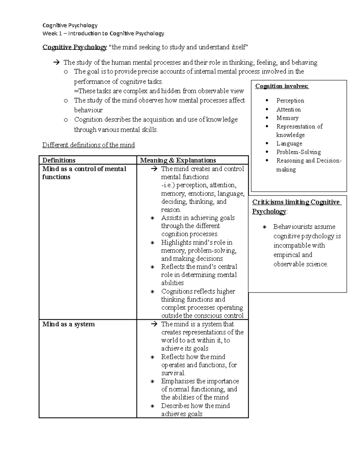 Cognitive Psychology 101: Week 1 Introduction & Key Concepts Notes ...
