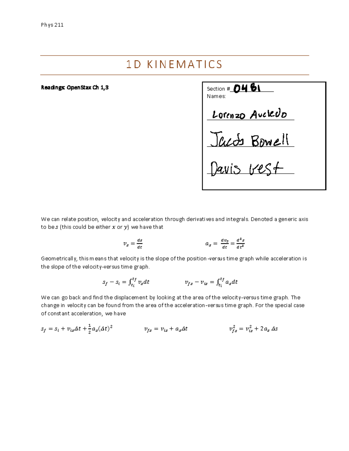 PHYS 211 Recitation Worksheets: 1D Kinematics Concepts - Studocu