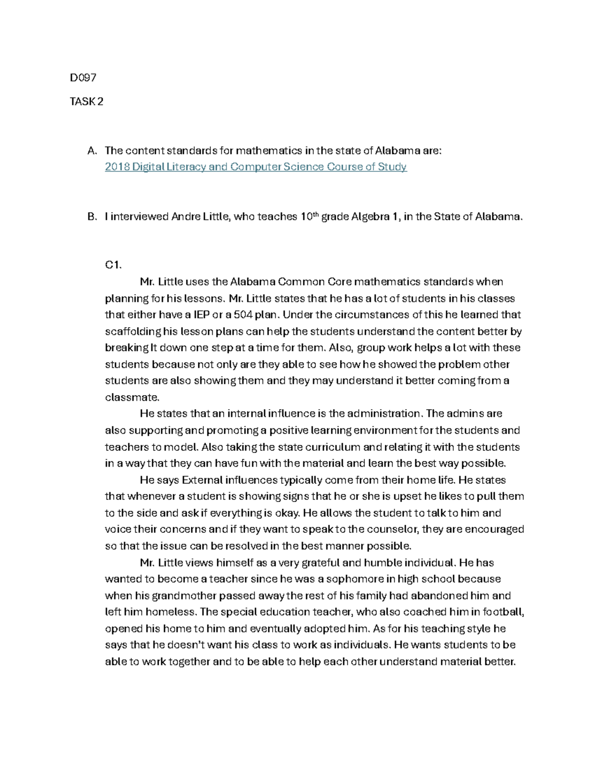 D097 Task 2 Task 2 D Task 2 A The Content Standards For