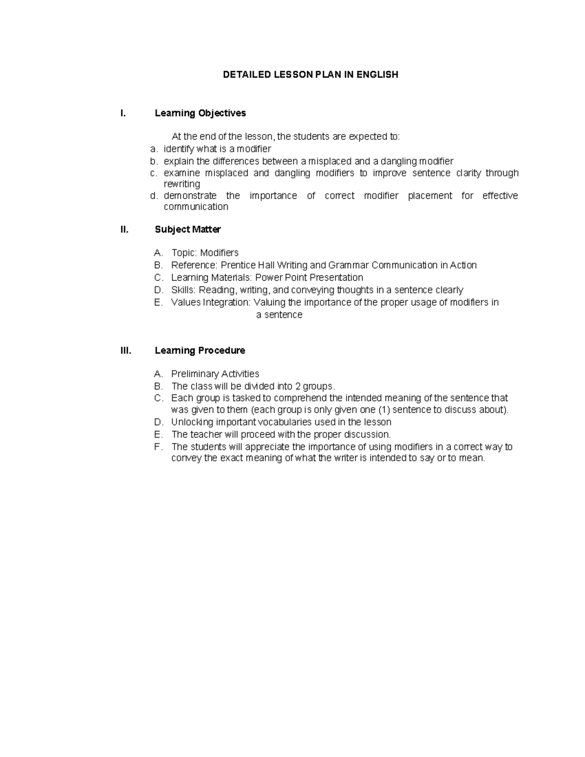 JHS Lesson Plan on Misplaced and Dangling Modifiers - Studocu