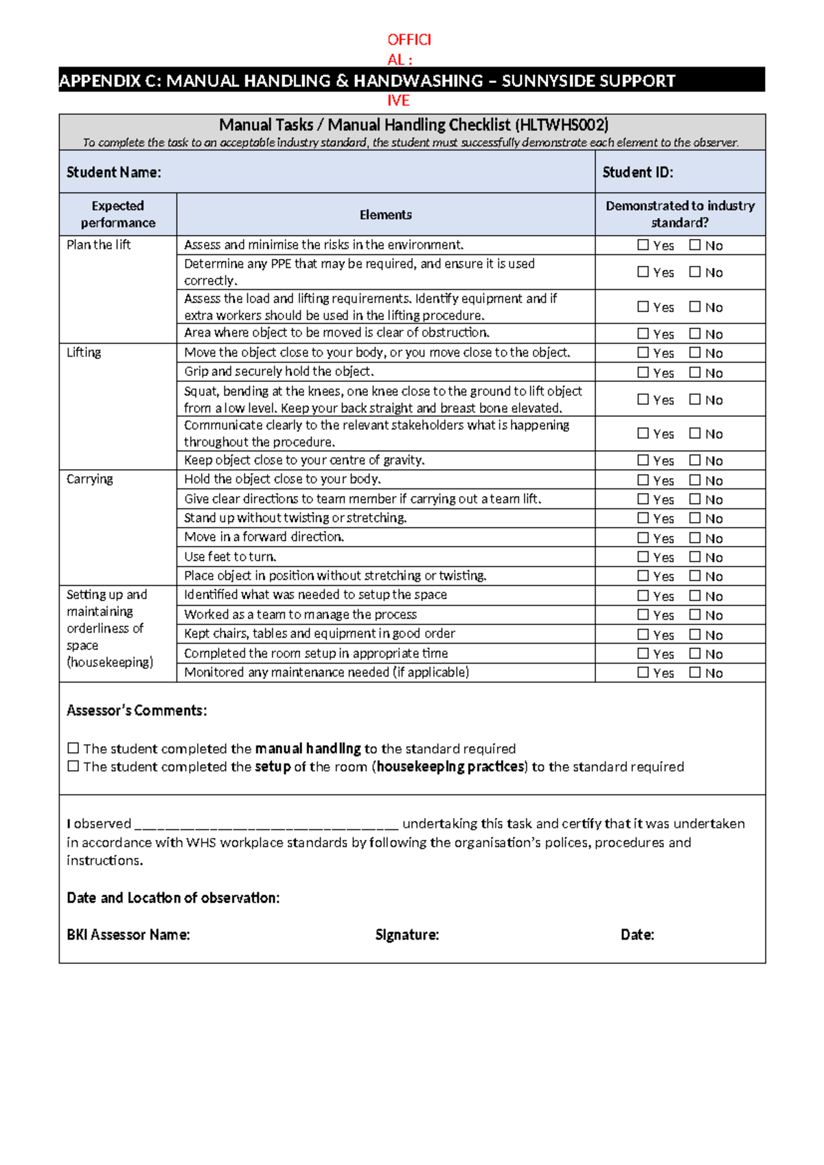 HLTWHS002 Manual Handling Checklist & Assessment Guide 2023 - Studocu