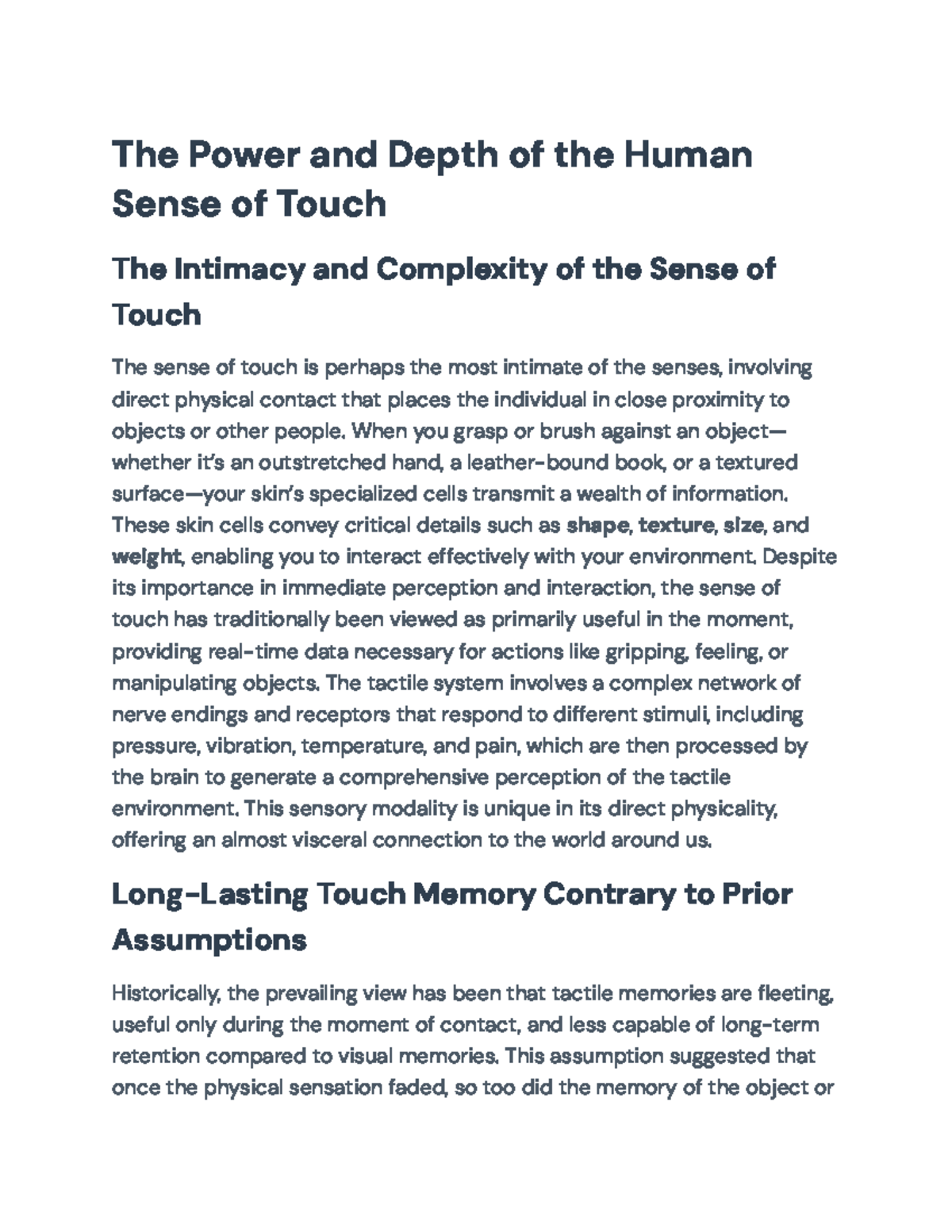 Exploring the Depth and Longevity of Touch Memory in Cognition - Studocu