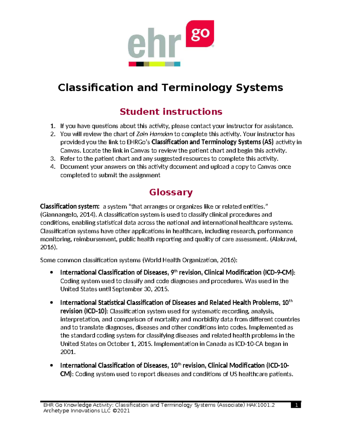 EHR Go Knowledge Activity: Classification & Terminology Systems (AS ...