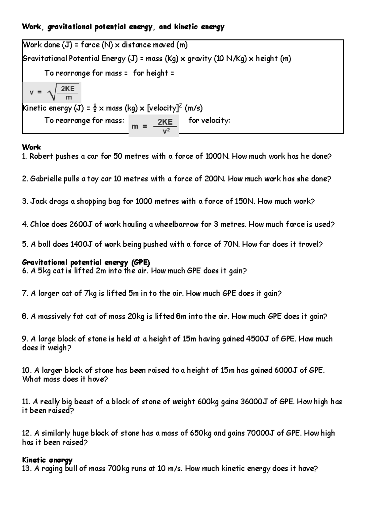Work GPE KE questions - worksheet - Work, gravitational potential ...