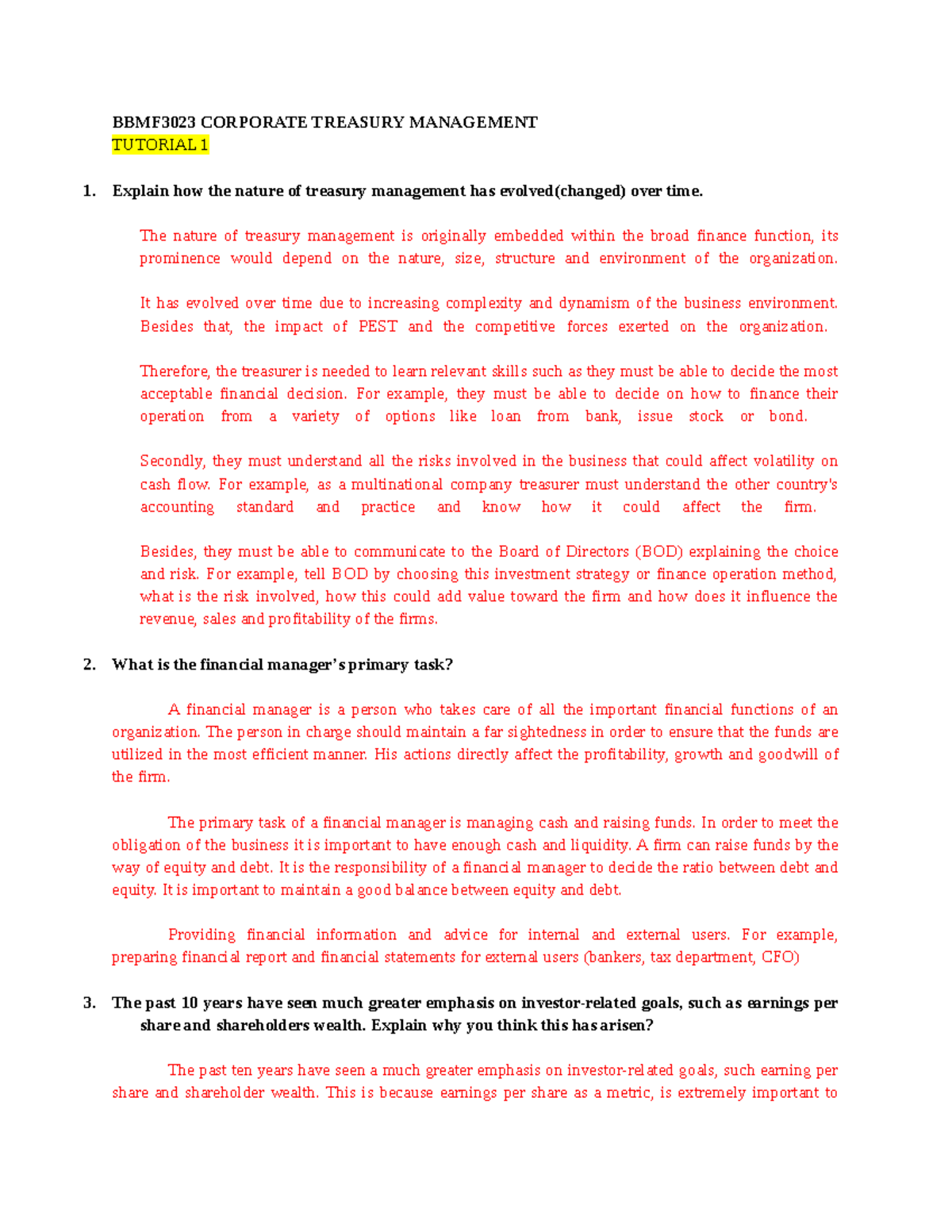 BBMF3023 Corporate Treasury Management Tutorials 1 - 12 Summary - Studocu