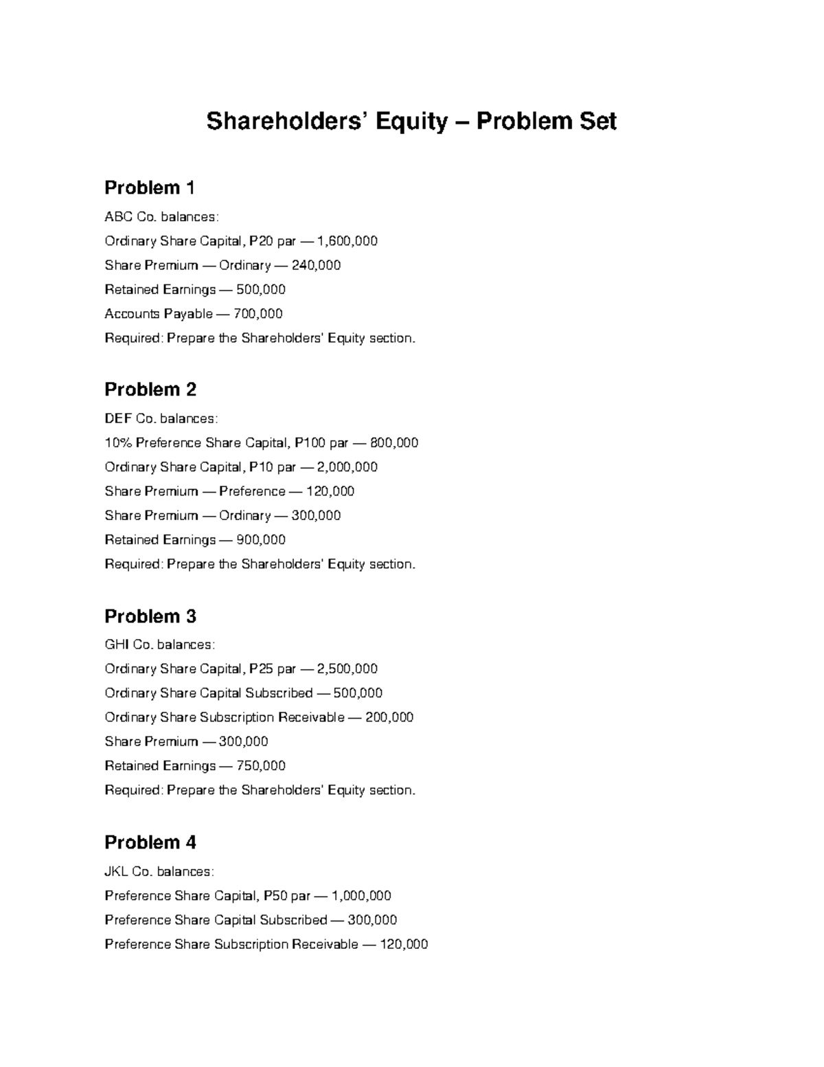 Equity Problems Set: Shareholders Equity Analysis - Studocu