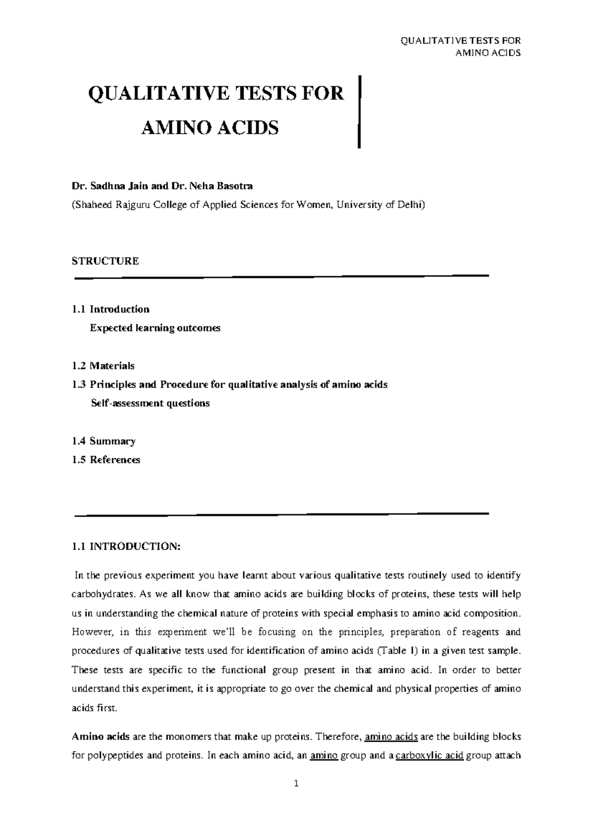 Qualitative Tests for Amino Acids: Principles and Procedures - Studocu