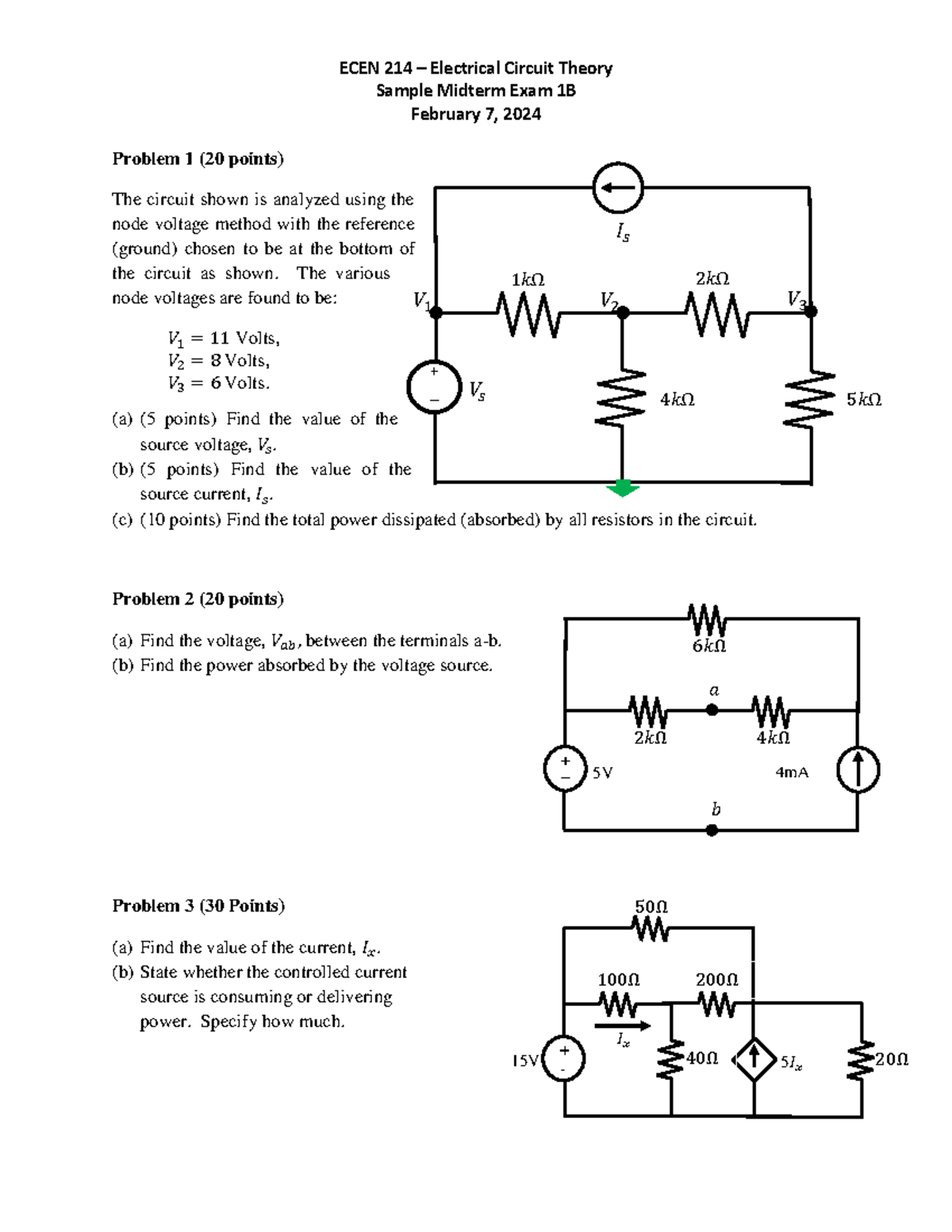 Sample Midterm Exam 1B - ECEN 214 Circuit Theory Analysis - Studocu
