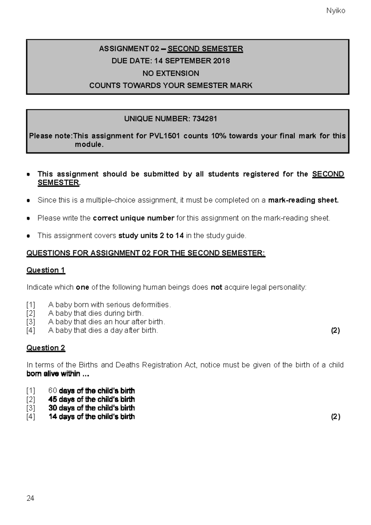 PVL1501 - Assignment 02 Past Exam Papers (1st & 2nd Semesters) - Studocu