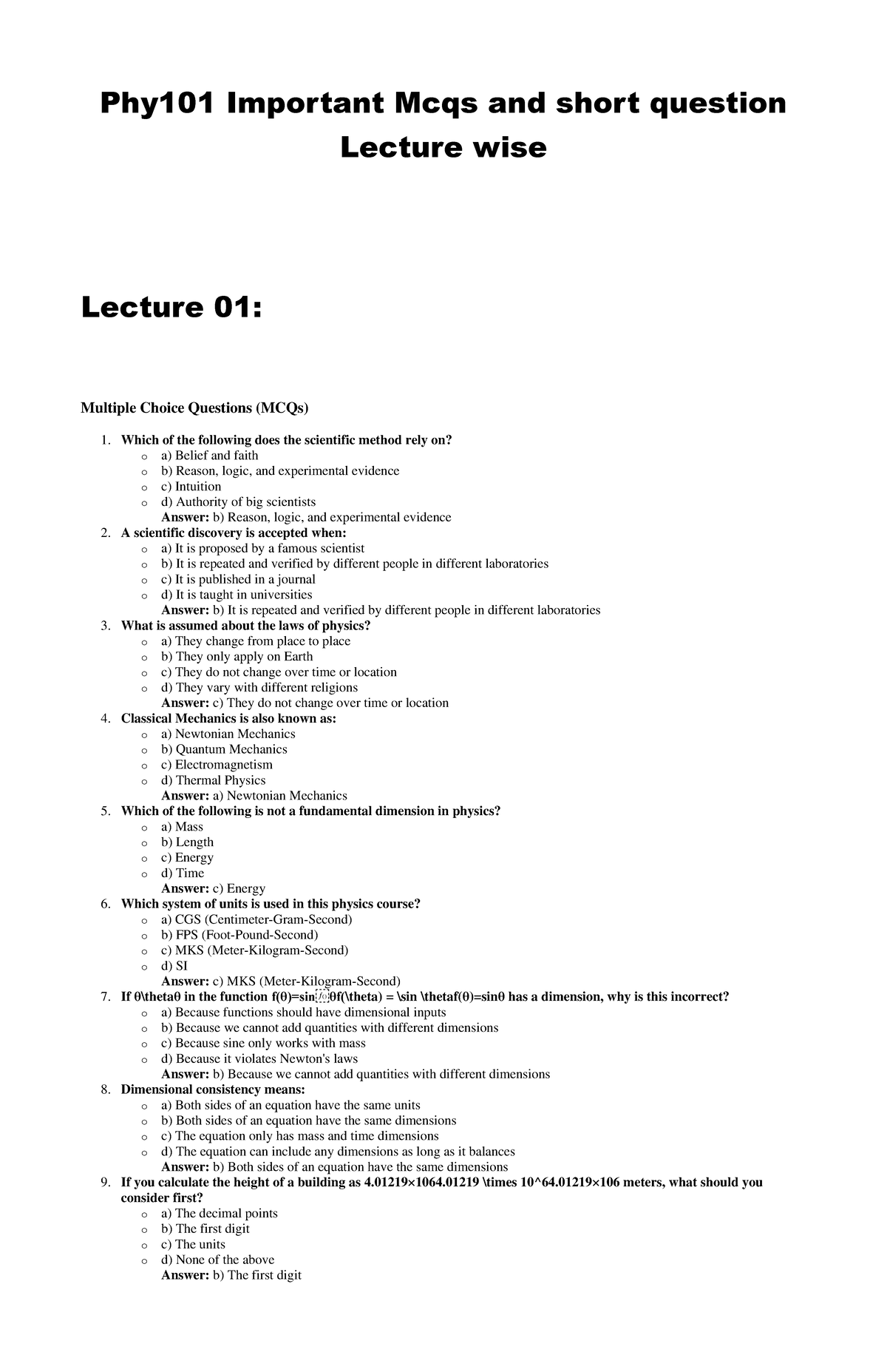 Phy 101 Important MCQs & Short Qs Organized by Lecture - Studocu