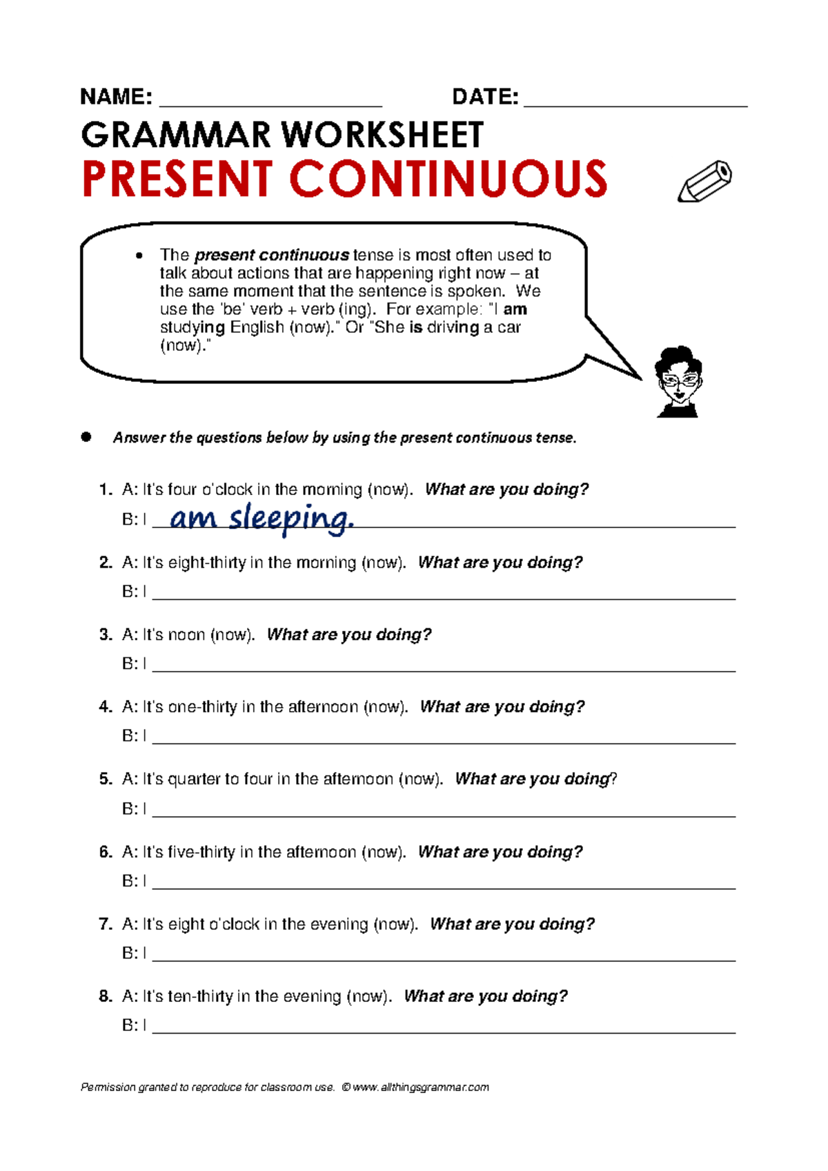 ESLGrammar.ATG: Present Continuous Worksheet for Practice - Studocu