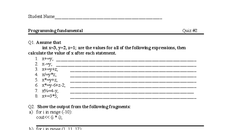 Programming Fundamentals Quiz Q2 Solutions (PF101) - Studocu