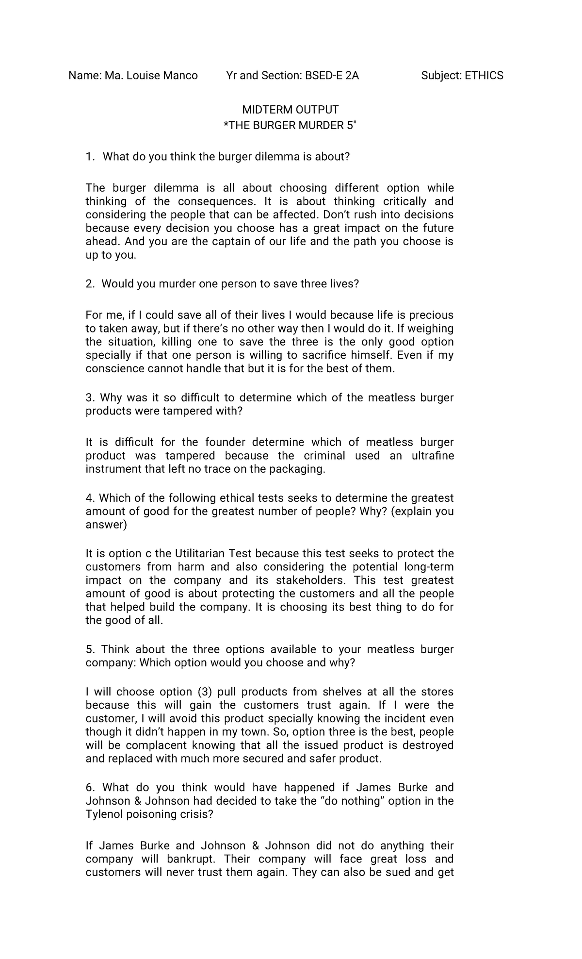 ETHICS 2A MIDTERM OUTPUT: BURGER DILEMMA ANALYSIS - Studocu