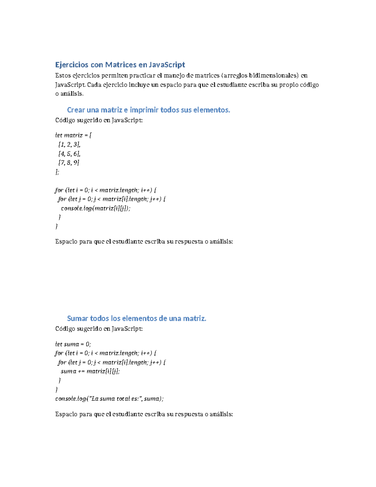 Ejercicios Prácticos de Matrices en JavaScript - Studocu