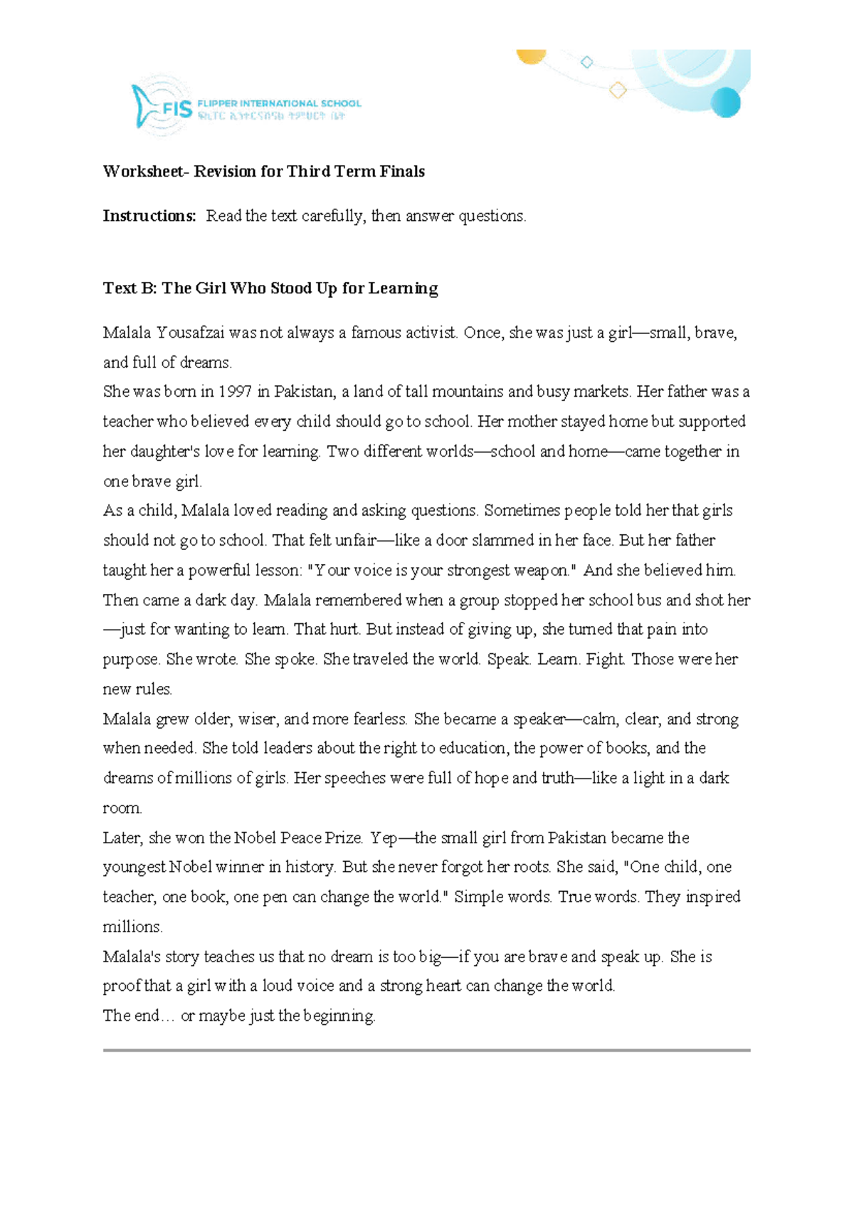 Grade 6 English Third Term Finals: Malala Yousafzai Case Study - Studocu