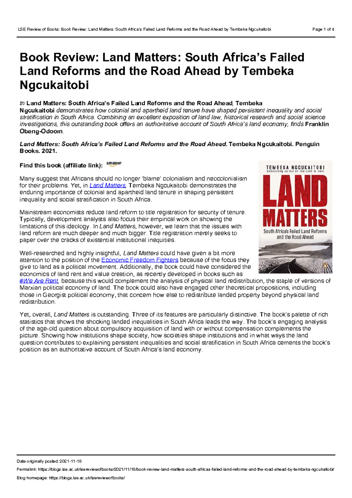 Book Review: Land Matters (2021) - South Africa's Land Reforms Examined ...
