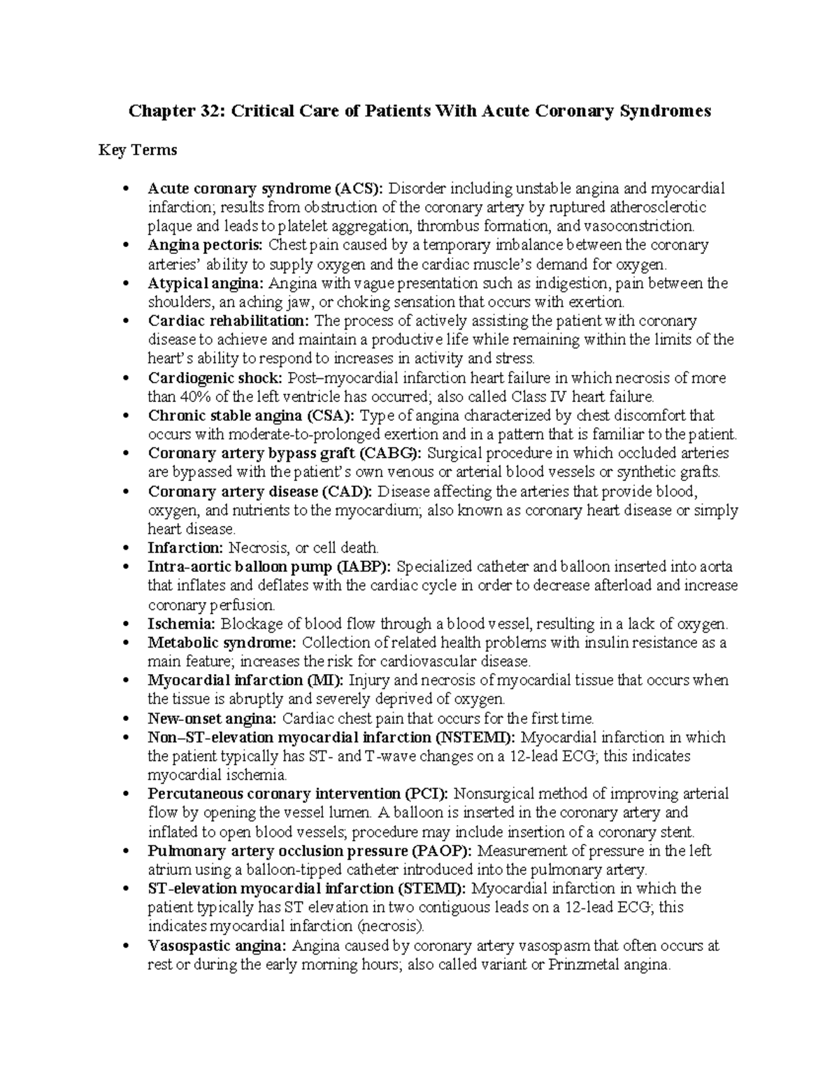 Chapter 32: Critical Care in Acute Coronary Syndromes (NBlm) - Studocu