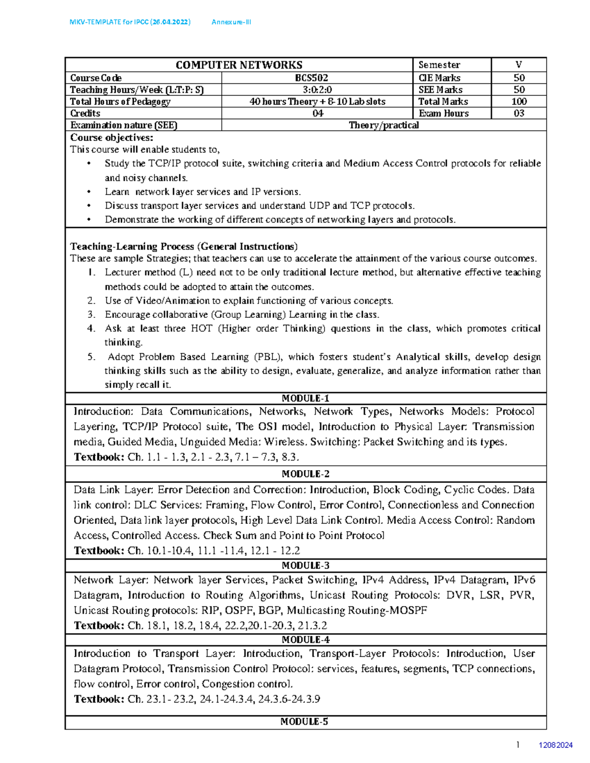 BCS502 Computer Networks Syllabus with Course Objectives and Modules - Studocu