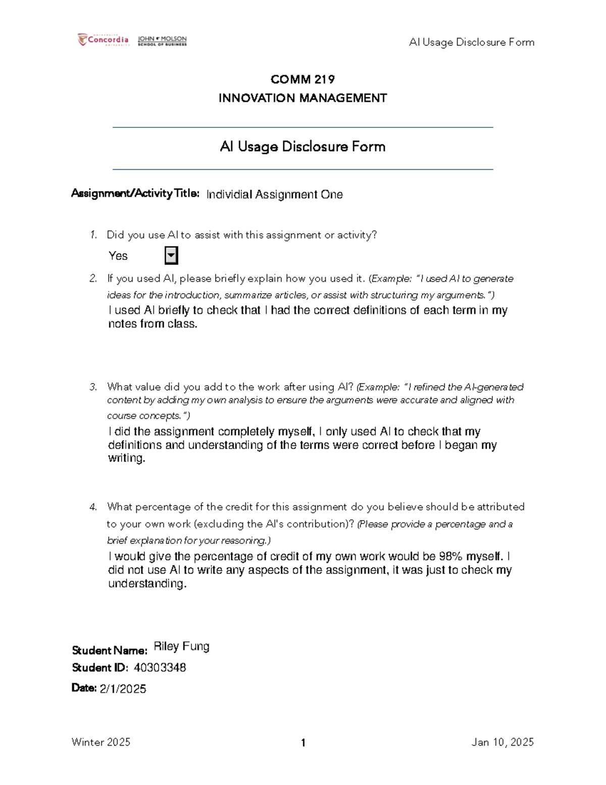 AI form - Ai usage form. Used for all classes. - AI Usage Disclosure ...