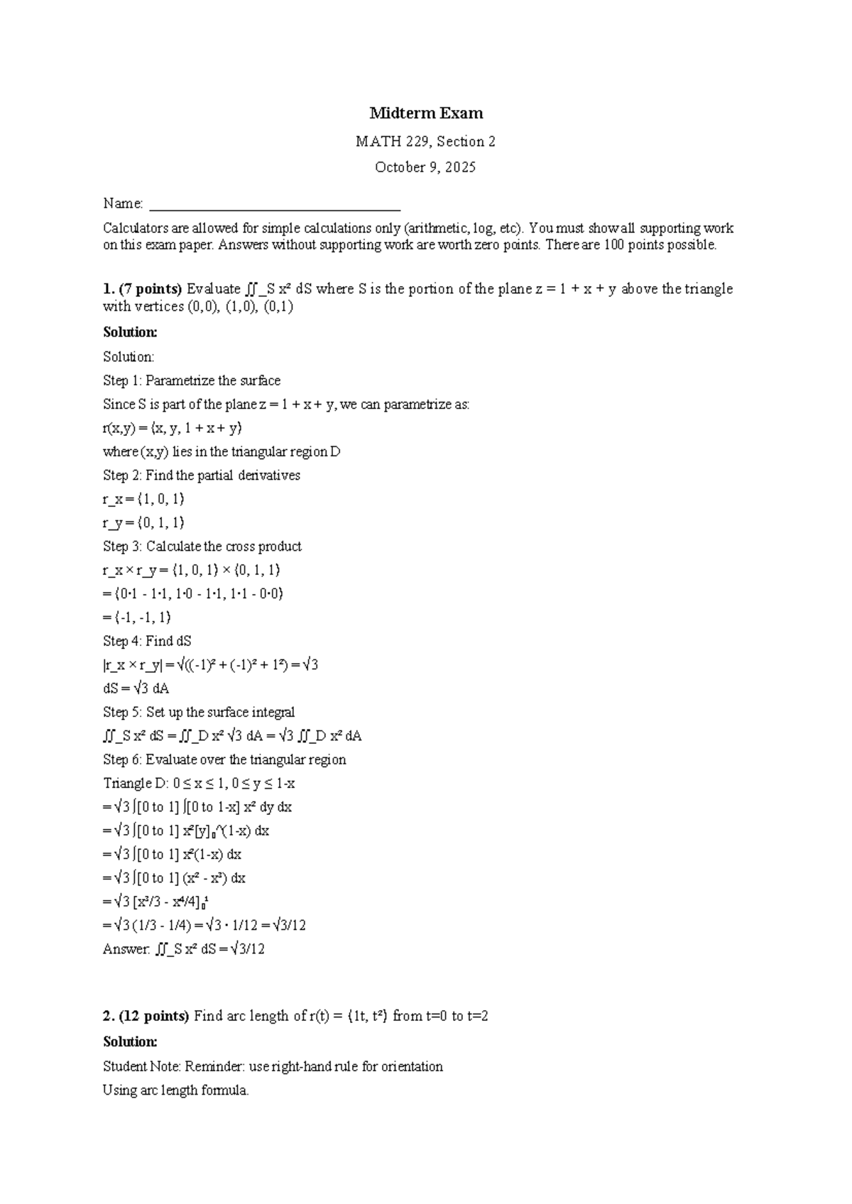 Midterm Exam Solutions for MATH 229, Section 2 - October 9, 2025 - Studocu