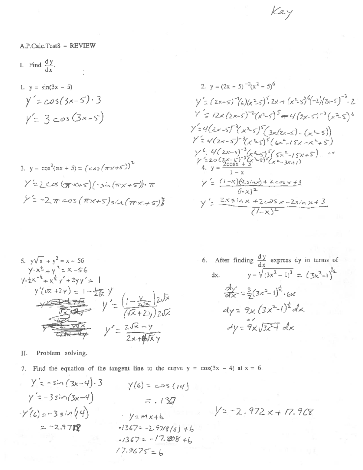 Test 8 Review Key - Mr K AP Calculus AB unit 8 study guide. - Key A.P ...